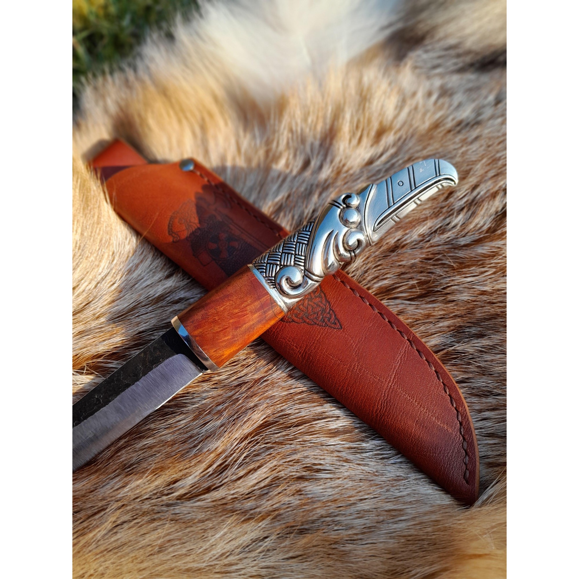 Carbon steel Viking knife with Raven handle & leather sheath