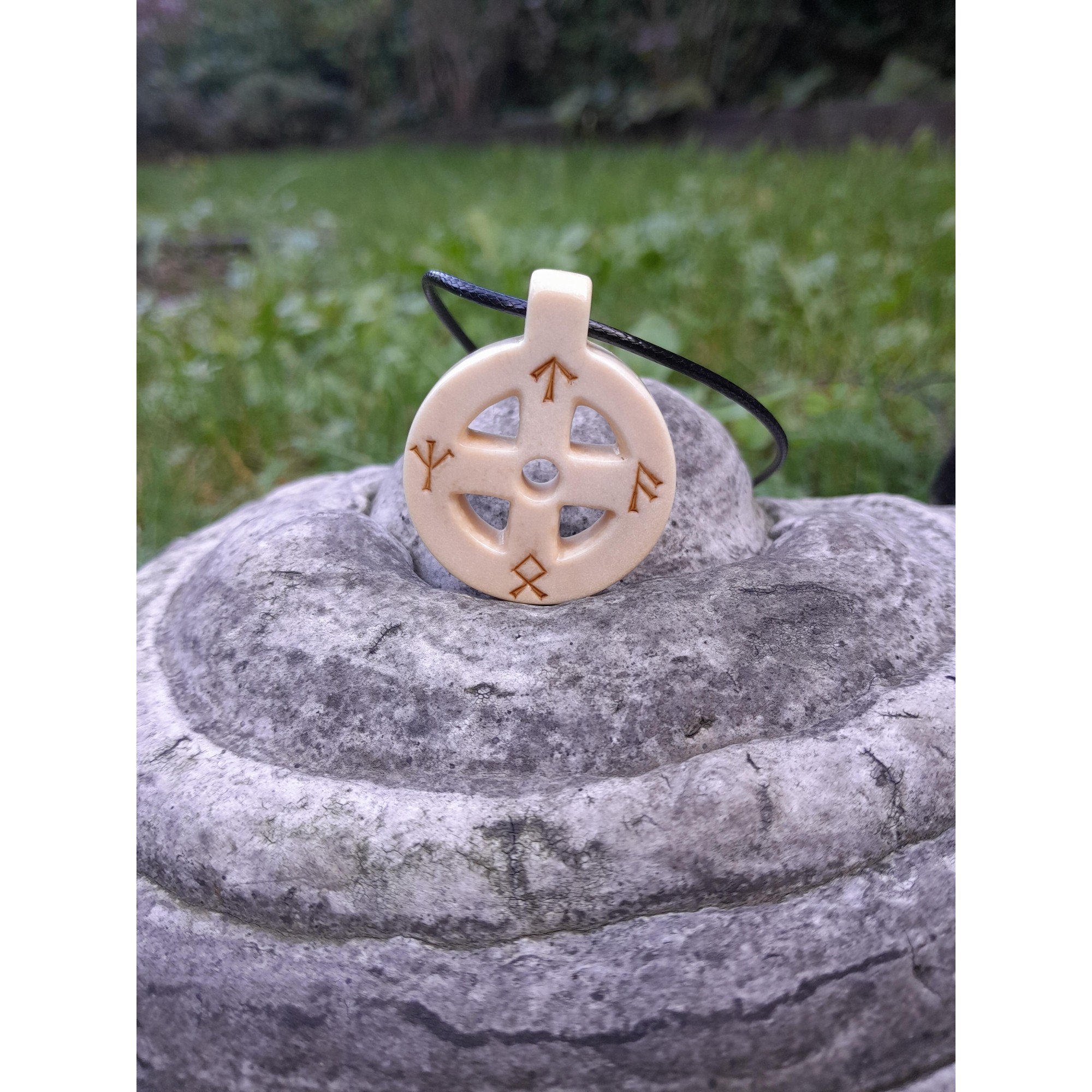 Hand-carved Viking rune solar cross pendant